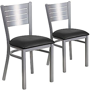 Flash Furniture 2 Pack HERCULES Series Silver Slat Back Metal Restaurant Chair - Black Vinyl Seat