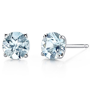 Peora Solid 14K White Gold Aquamarine Stud Earrings for Women, Natural Gemstone Birthstone Classic Solitaire Round Shape, 6mm, 1.50 Carats total, Friction Back