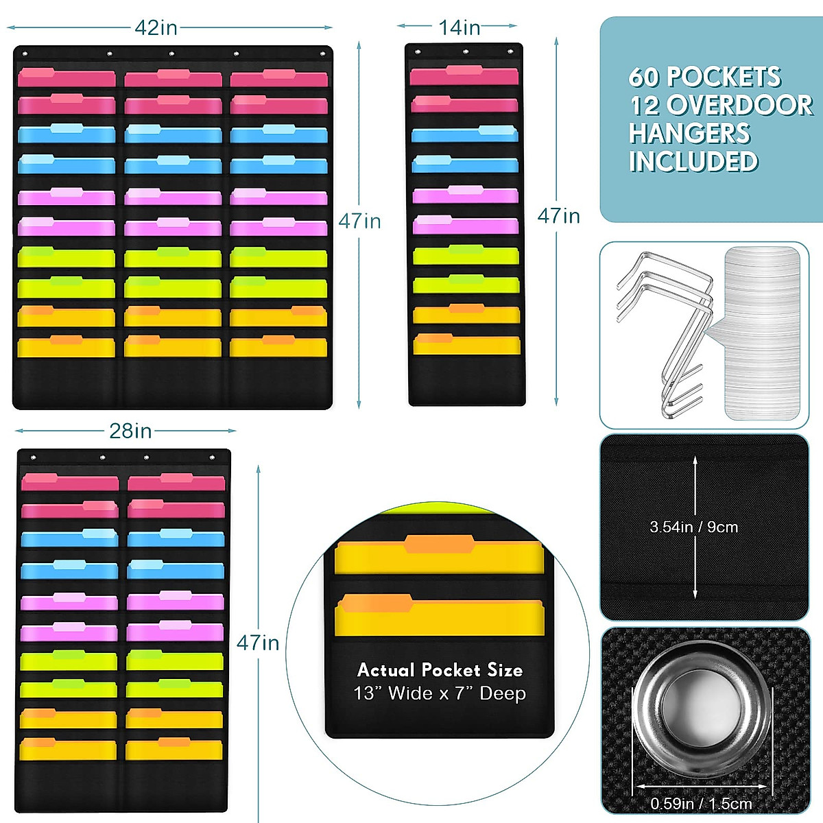 3 Pack Heavy Duty Storage Pocket Chart Wall Hanging File Organizer Folders 60 Pockets 12 Overdoor Hangers Included Hanging File Folders Paper Magazine Organizer for Home Classroom Office School