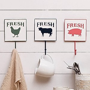 Set of 3 Farmhouse Decorative Wall Hooks, Livestock Cow Hen Pig Hanging Coat Hooks for Bathroom Entryway Bedroom Kitchen Wall Mounted Decor, Rustic Metal Utility Hooks for Hat Towel Bag Key Clothe