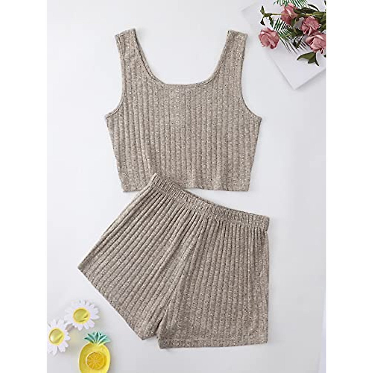 SheIn Women's 2 Piece Sleeveless Button Crop Tank Tops and Shorts Lounge Set Khaki Medium