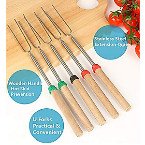 Marshmallow Roasting Sticks Wooden Handle Set of 12 Smores Skewers Telescoping Forks 32 inch with Portable Bag for Hot Dog Campfire Camping Stove BBQ Tools