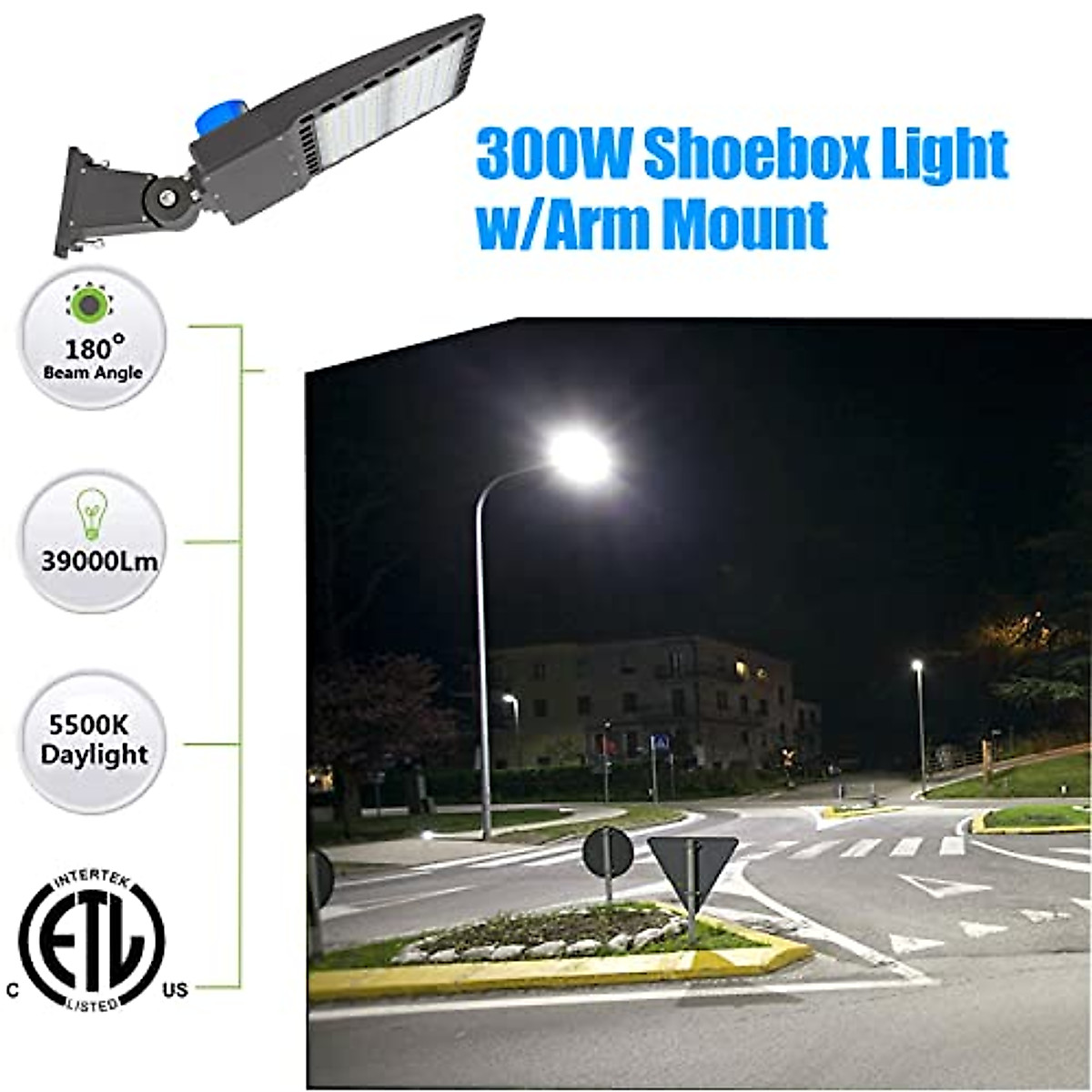 LED Parking Lot Lights Outdoor 300W with Adjustable Arm Mount, LED Shoebox Area Light 5500K,39000 Lumens, IP65 Waterproof Outdoor Commercial Area Street Flood Lighting (300W Arm Mount)
