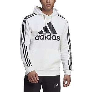 adidas Men's 3-Stripes Fleece Hooded SweatShirt, White-black, Large