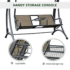 Outsunny 2-Seat Patio Swing Chair, Outdoor Porch Swing Glider with Adjustable Canopy, Cup Holders and Storage Tray, for Garden, Poolside, Backyard