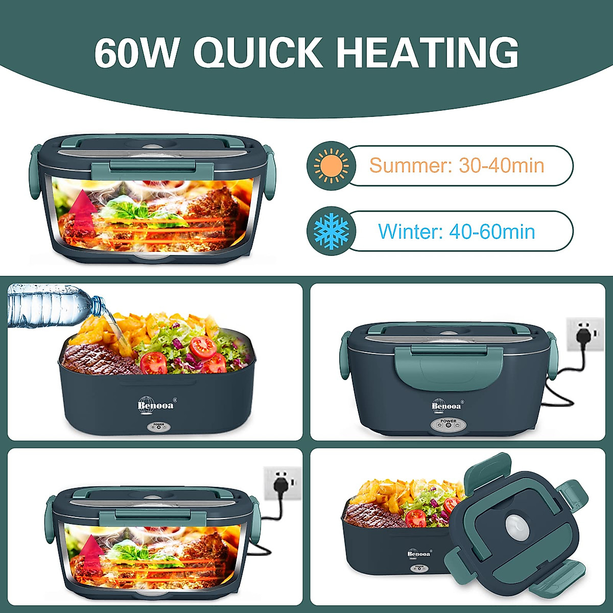 Benooa Electric Heating Lunch Box,3 in 1 Heated Lunch Box for Adults,60W 12/24/110V Leakproof Portable Food Warmer Heater for Car Truck Office Home With Sauce Box & Bag