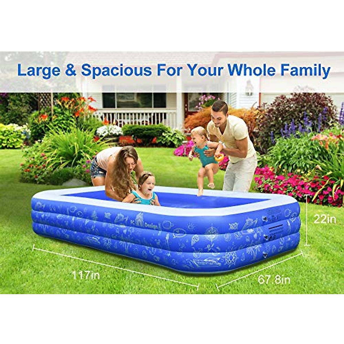 FC Design Backyard Swim Center for Kids, Adults, Babies, Toddlers, Blow up Large Rectangular Patio Garden Outdoor Inflatable Family Swimming Pools with Electric Air Pump Included, 117"D x 68"W x 22"H