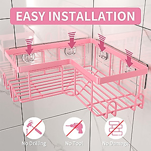 Youvip Shower Caddy Corner，3 pack Corner Adhesive Shower Caddy，Stainless Steel Bathroom Shower Organizer with Hooks & Soap Holder，Shower Shelves No Drilling for Bathrrom，Pink