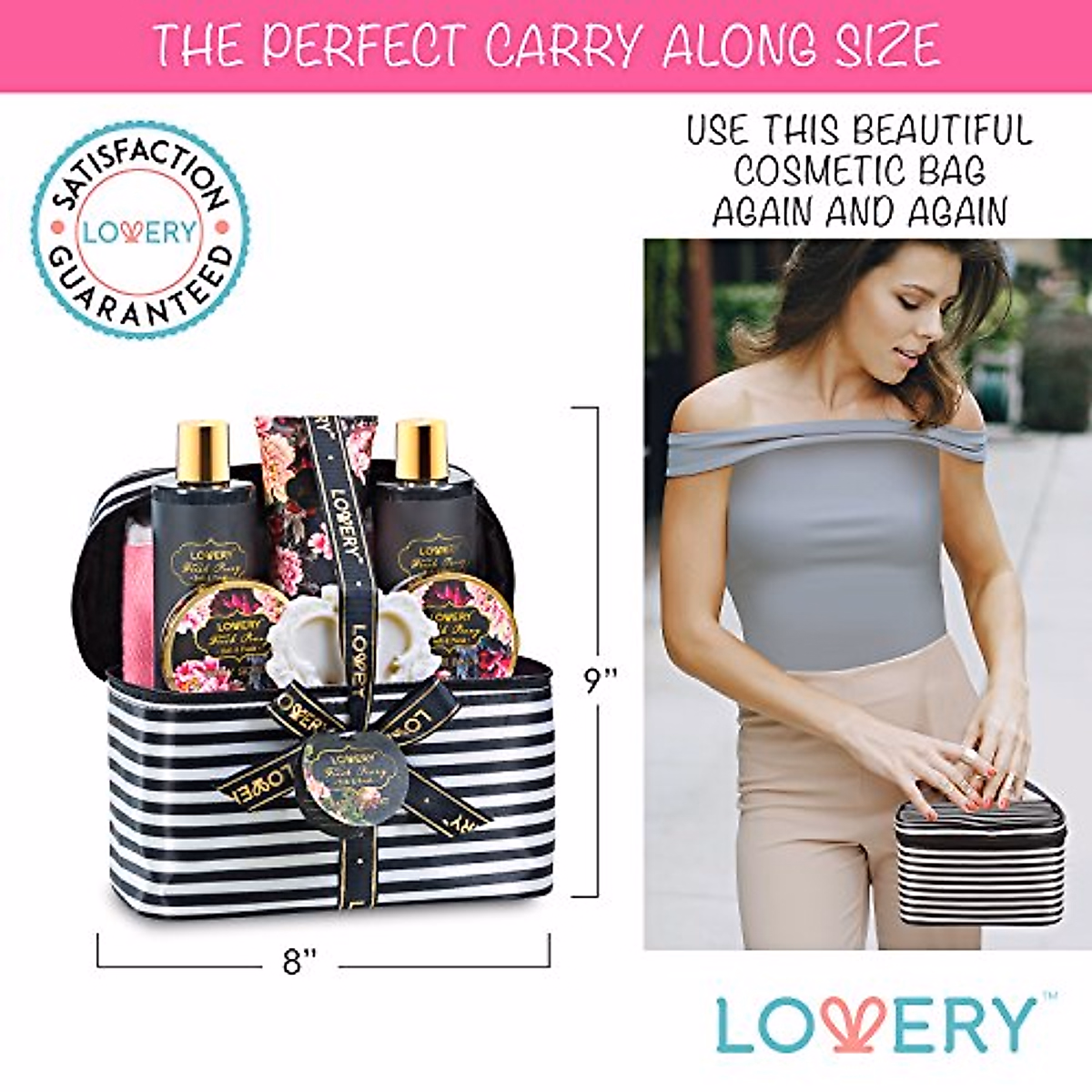 Valentines Day Home Spa Gift Basket, 8pc Bath & Body Set For Women and Men, Fresh Peony Scent - Contains Shower Gel, Bubble Bath, Lotion, Bath Salt, Body Scrub, Bath Soap, Back Scrubber & Cosmetic Bag