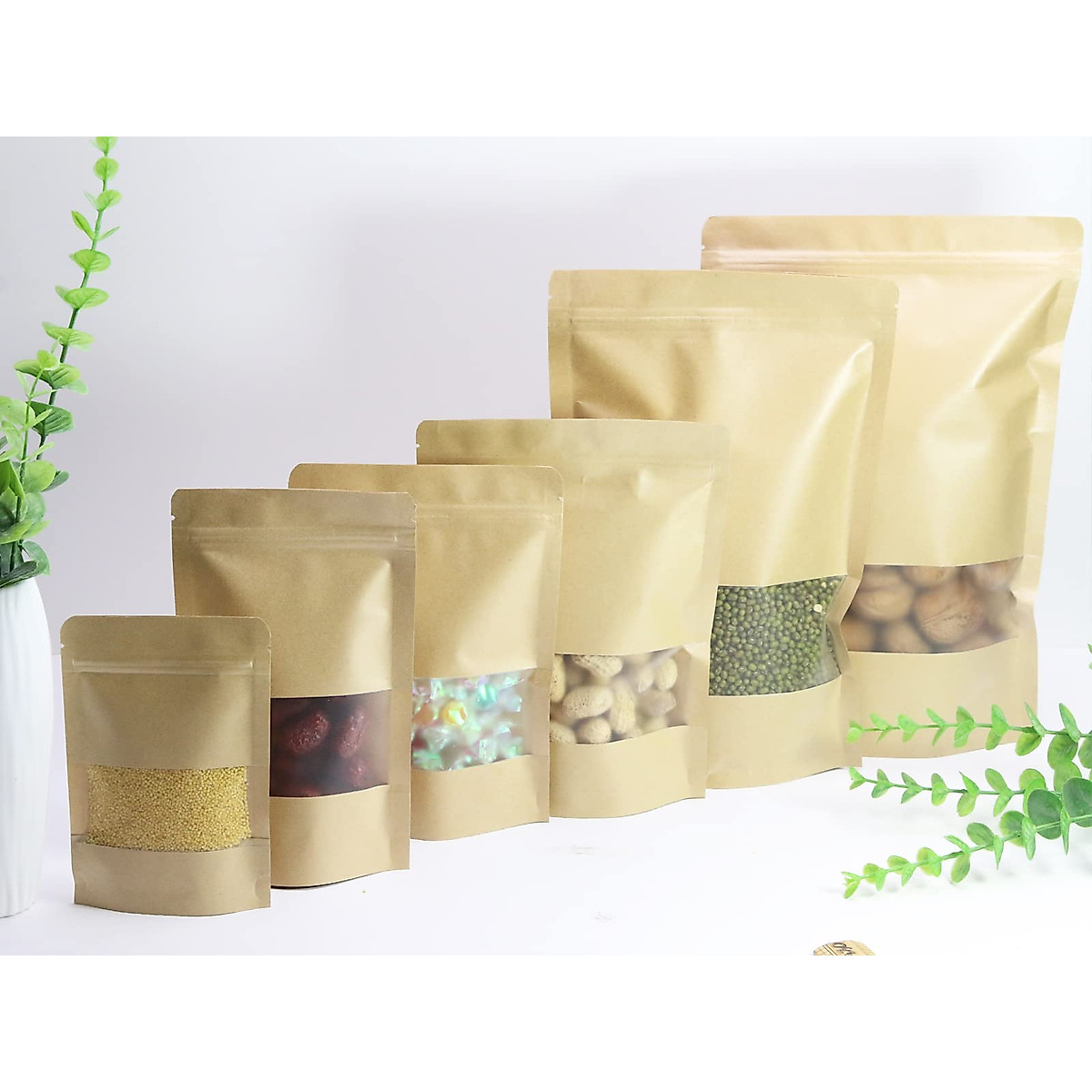 PQZKLDP 100pcs Assorted-Size Kraft Paper Bags with Matte Windows Reusable Smell Stand Up Pouches Bakery BagsFood Candy Coffee Tea Spice Sample Storage Sealable Bags for Small Business Packaging