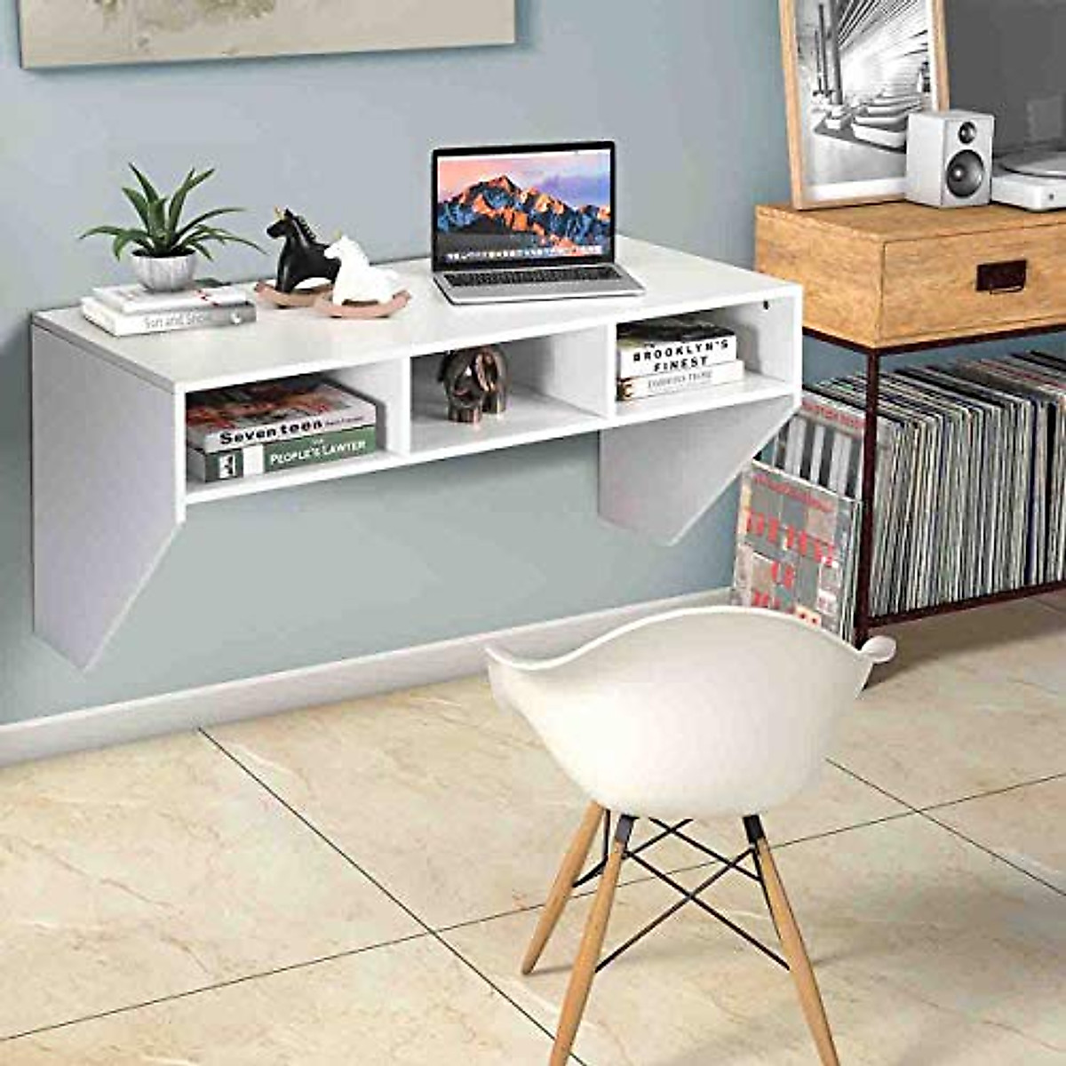 WATERJOY Wall Mounted Desk Computer Desk Floating Table, Home Office Working Desk, Wall Mounted Console Workstation Laptop PC Table with Storage Shelves White