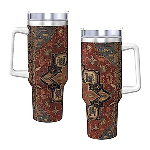 Xiexide 40oz Fits Cup Holder Sports Vintage Antique Oriental Turkish Antique Boho Bohemian Double Walled Vacuum Insulatedith Handle And Straw,Hot & Cold Drinks