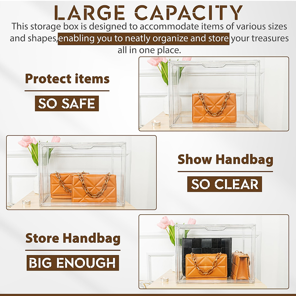 BagMania Clear Bag Box Storage Organizer 4Pack Stackable for Closet, Acrylic Magnetic Drop Down Door for Purse Handbag Shoes Wallet Books Clutch Toys