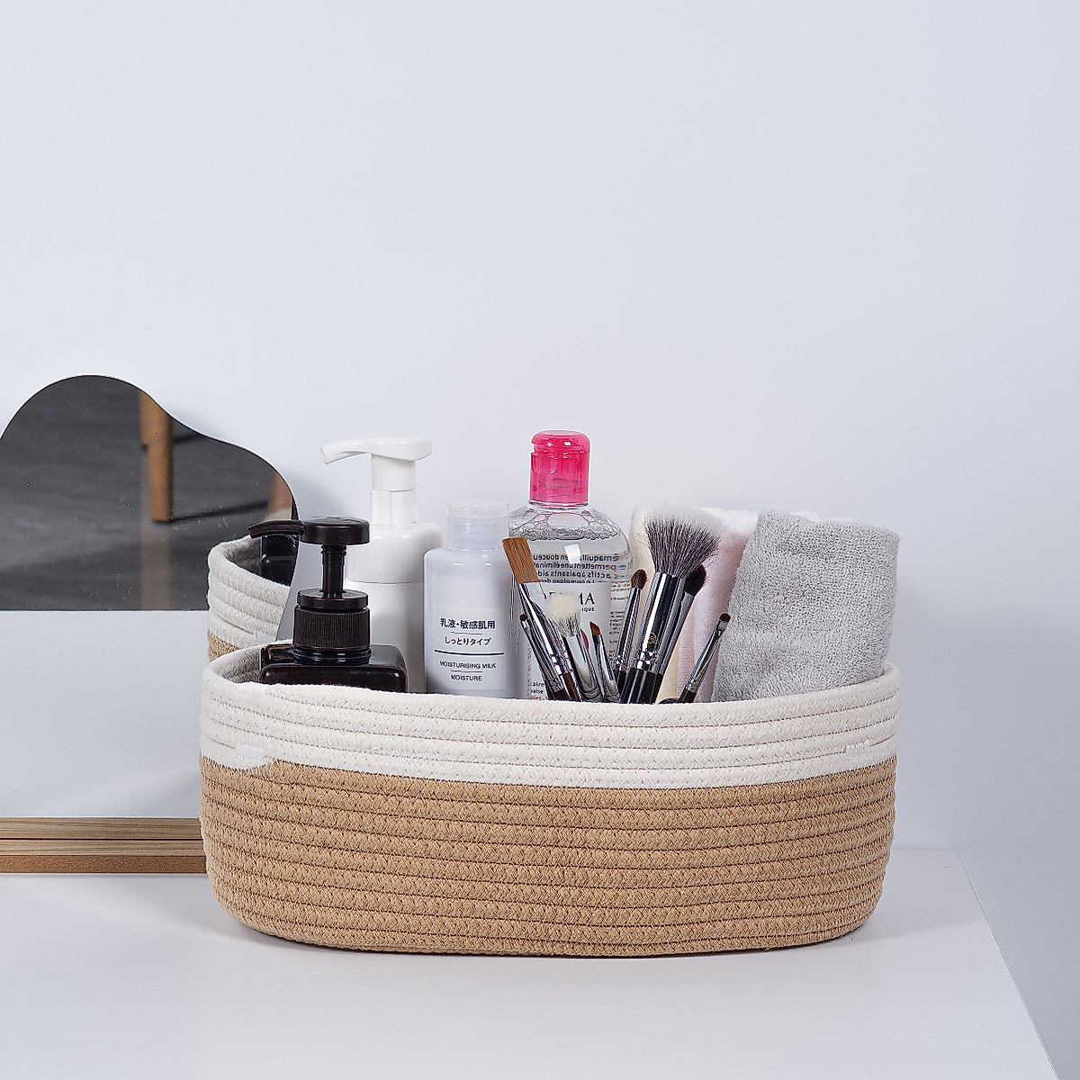 VAGRSS Woven Cotton Rope Storage Basket, Cube Changing Table Organizer for Closet Towels, Baby Nursery Bin, Small Dog Cat Toy Box, Gift Baskets Empty (12"x 8"x 5") White Gray