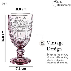 WHOLE HOUSEWARES | Pink Coloured Glass Goblet | Set of 6 Vintage Drinking Glasses | 11.5 oz Embossed Design | Wedding, Party Wine Glasses Set of 6 (Pink)