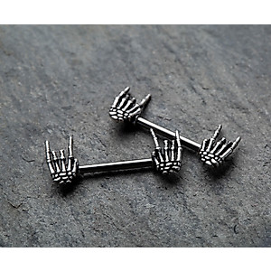 Pierced Owl 14GA 316L Stainless Steel Skeleton Hand Nipple Barbells, Sold as a Pair