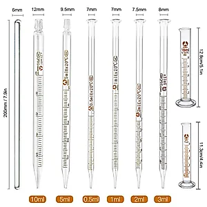 Glass Pipettes, ZEEROQOLAB 6pcs Glass Graduated Lab Pipettes 0.5ml,1ml,2ml,3ml,5ml,10ml, with 2pcs Glass Graduated Cylinder 5ml, 10ml, 2pcs Droppers Brush and 2pcs Glass Stir Sticks