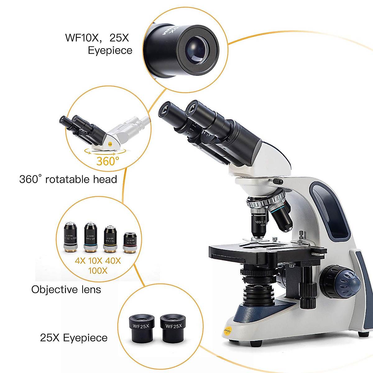 SWIFT SW380B 40X-2500X Magnification, Research-Grade Binocular Compound Lab Microscope, Mechanical Stage, with 5.0 mp Camera and Software Windows/Mac Compatible and 100pcs Blank Slides