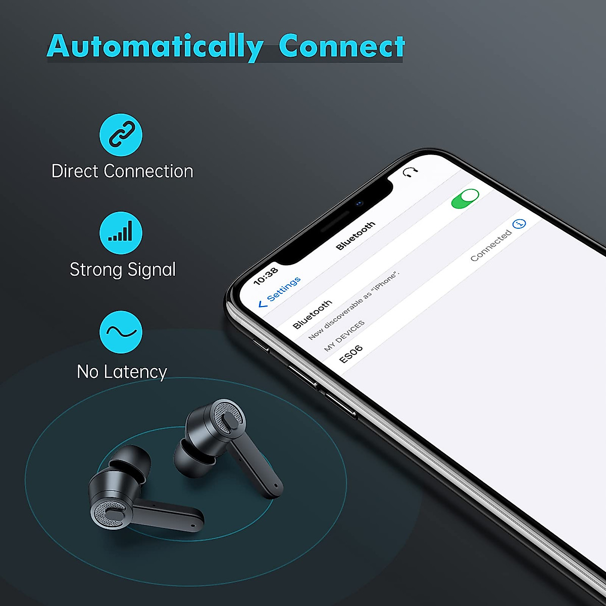 vinlley Bluetooth Headphones, True Wireless Earbuds, in Ear Running Earphones with Noise Cancelling Mic, Built-in Microphone, IPX7 Waterproof, Upgrade Wireless Headset for Laptop/Sports, ES06 Black