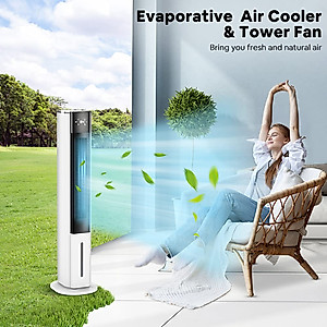 Evaporative Air Cooler, 70° Oscillating Cooling Fan for Room, LifePlus 42-Inch Bladeless Air Cooler with 1.32 Gal Water Tank, 4 Ice Packs, 12H Timer