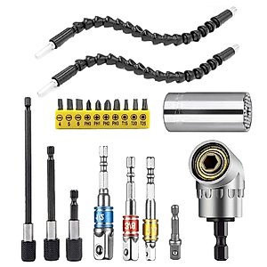 MXiiXM Flexible Drill Bit Extension & Universal Socket Wrench Tool Set, 105° Right Angle Drill Attachment, 1/4 3/8 1/2" Universal Socket Adapter Set, 3Pcs Screwdriver Bit Holder & Screwdriver Bit Kit