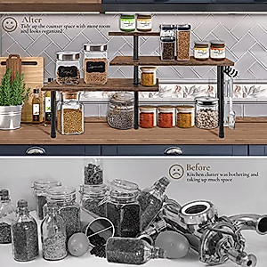 BCOZLUX Kitchen Countertop Organizer, 3 Tier Corner Counter Shelf with Metal Hooks, Bathroom Counter Organizers and Storage, Tiered Wood Spice Rack, Rustic Brown and Black