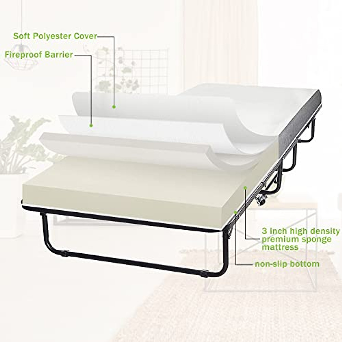 YIQIEDEY Guest Bed Folding Bed Frame Fold Up Heavy Duty Extra Portable Camping Cots Without Wheels Hideaway Temporary Single Twin Size Rollaway Bed for Adults,Kids - 150LBS Capacity