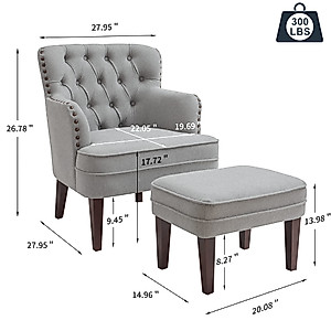 Accent Chair with Ottoman, Living Room Chair, Footrest Set Vintage Brass Studs, Button Tufted Upholstered Armchair for Room, Comfy Reading Bedroom, Reception (Grey)