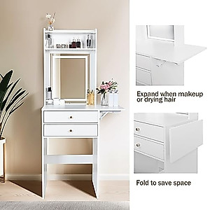 ARTETHYS Small Vanity Desk Set with 3 Adjustable Lighted Mirror and Storage Chair, Makeup Vanity Table for Small Space, White Dressing Table with Fold-up Panel for Bedroom
