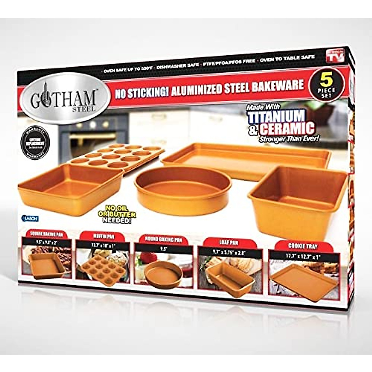 Gotham Steel Non Stick Ceramic Bakeware Set, 5 Piece No Warp & Dishwasher Safe Baking Set, Baking Pans Set with Round & Square Baking Pan, Muffin Pan, Loaf Pan & Baking Sheet for oven, 100% PFOA Free