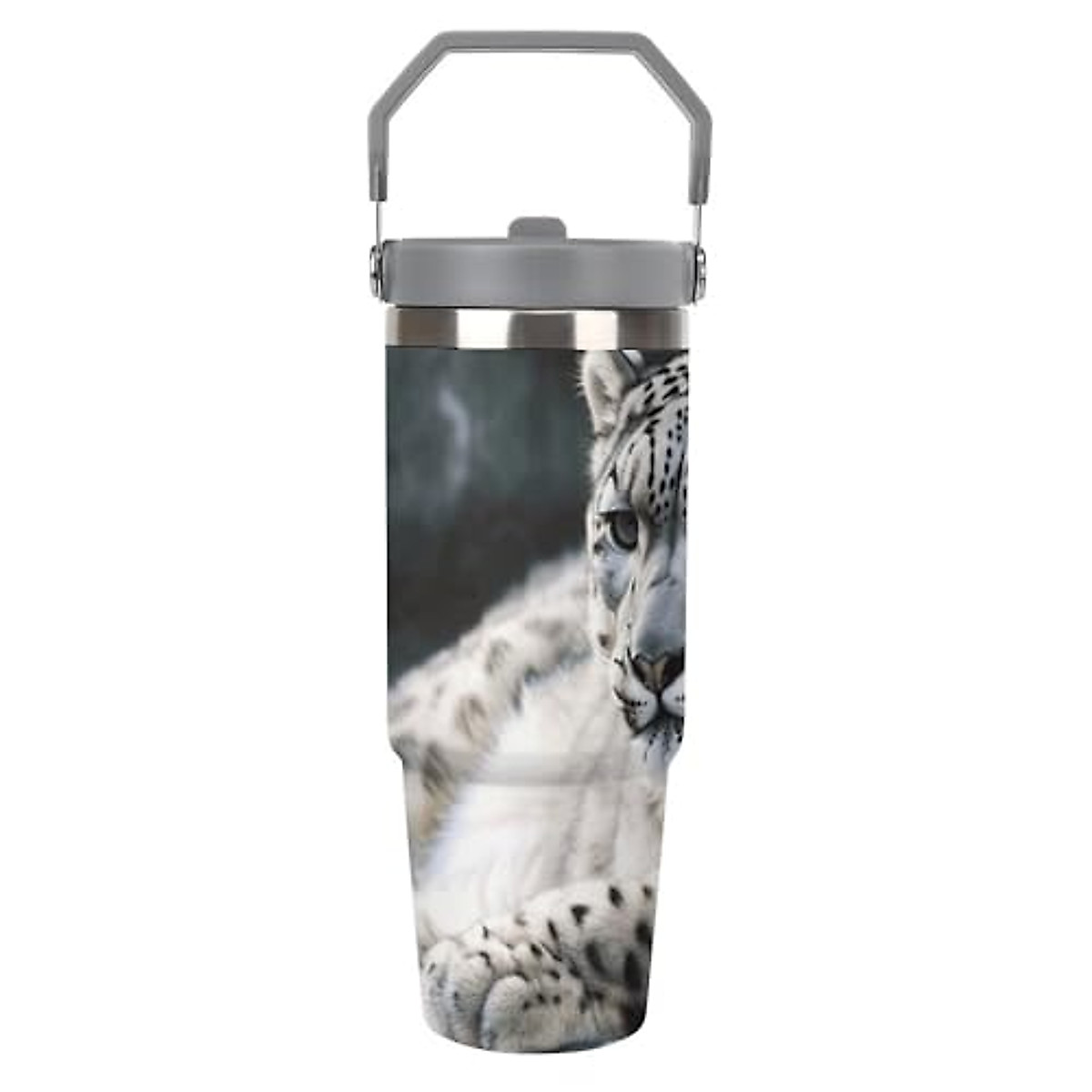 BWQJKUO Large Capacity Car Cup 30 Oz Stainless Steel Snow Leopard Printed Travel Mug Leak-proof Flip Straw Tumbler with Handle,keeps Cold Or Ho