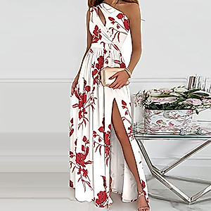 Maxi Dress for Women Beach Vacation Plus Size Wedding Guest Boho Floral Split Dresses Sexy Casual Red One Shoulder Smocked Dress Resort Wear 2023 Fairy Dress Vestidos Tiktok Dress(B White,X-Large)