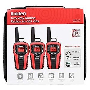 Uniden SX409-3VP, 3-Pack, FRS Two-Way-Radios, Walkie Talkies, up to 40 Mile Range, w/Carrying case, Splash Proof JIS4, Built-in LED Flashlight, Includes Multitool, Thermal Blanket, and Fire Starter