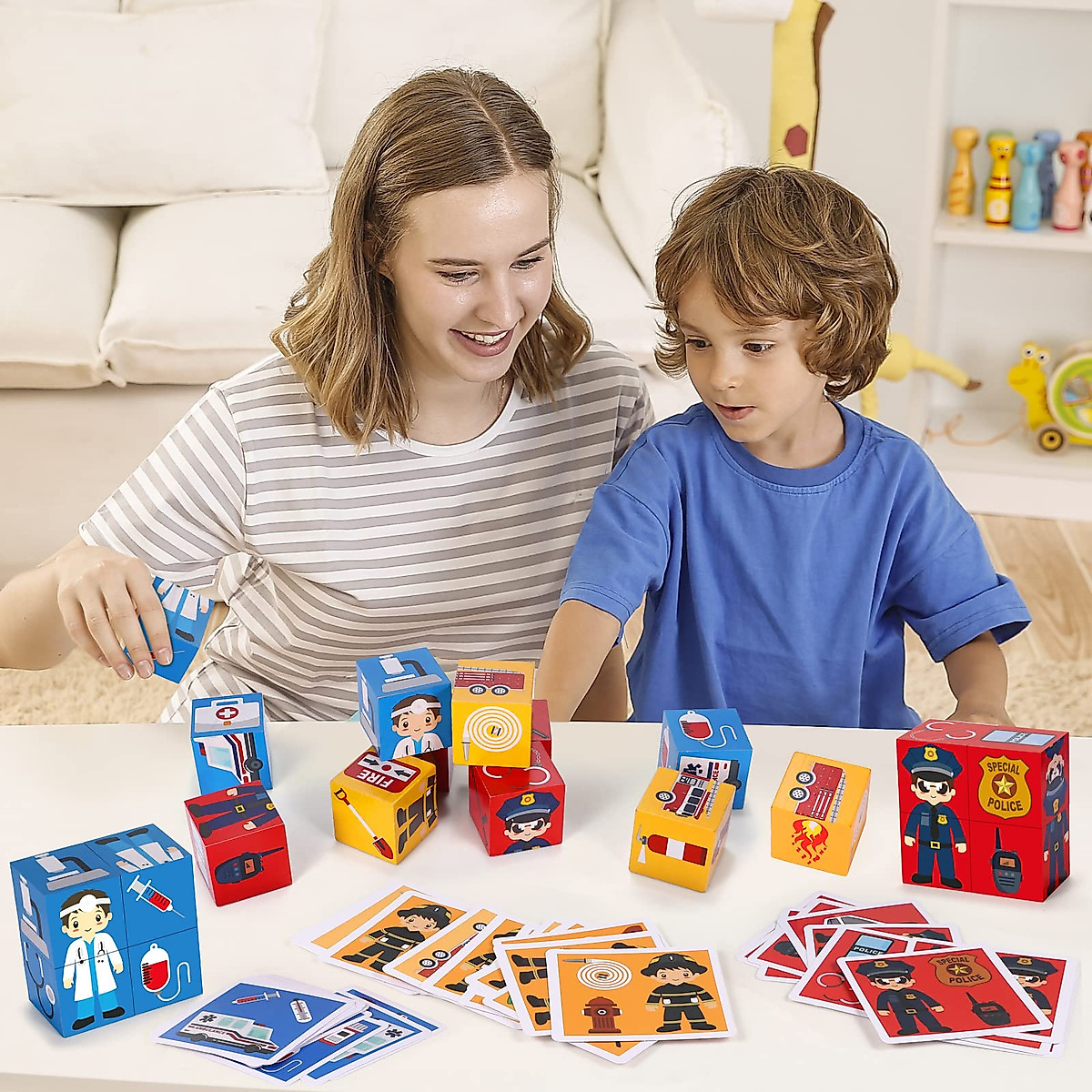 Atoylink 6 in 1 Educational Toys for 2 3 4 5 Year Old Kids Toddlers Wooden Cube Puzzles Occupations Pretend Play Matching Blocks Preschool Montessori Toys for Boys Girls Gifts - 12pcs