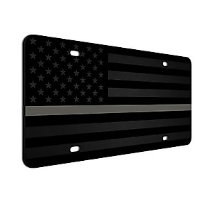 Thin Silver Gray Line American Flag License Plate Correctional Officers Matte Black on 1/8" Black Aluminum Composite Heavy Duty Tactical Patriot USA Car Tag