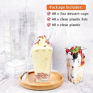 KETWOD 40 3OZ mini dessert cups+40 lids+40 spoons, 3-ounce transparent square dessert cups (40 dessert cups+40 lids+40 spoons)