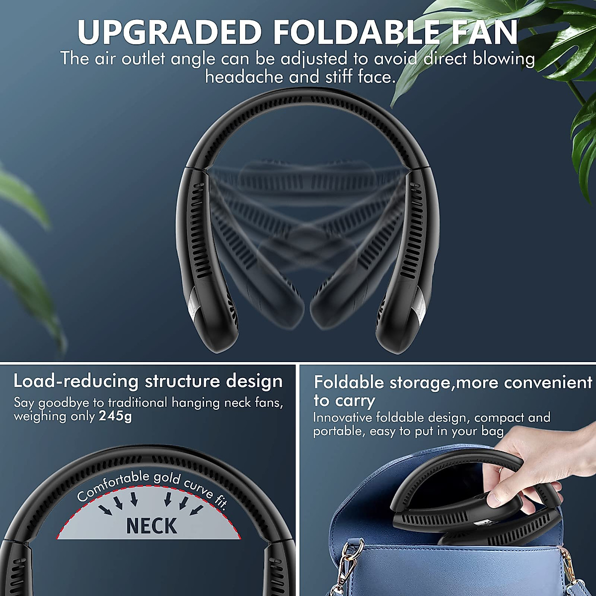 Neck Fan, Portable Foldable Bladeless Neck Fan, 4000 mAh Rechargeable Battery, Intelligent Digital Display, 3 Speeds Adjustable Folding Neck Fan USB Powered Hands Free Fan (Black) (Pink)