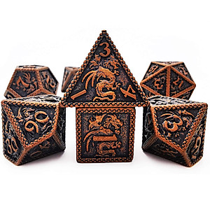 MJDICEOK Dragon Metal DND Dice Set 7 Role Playing Dice Solid D&D Dice Red Copper
