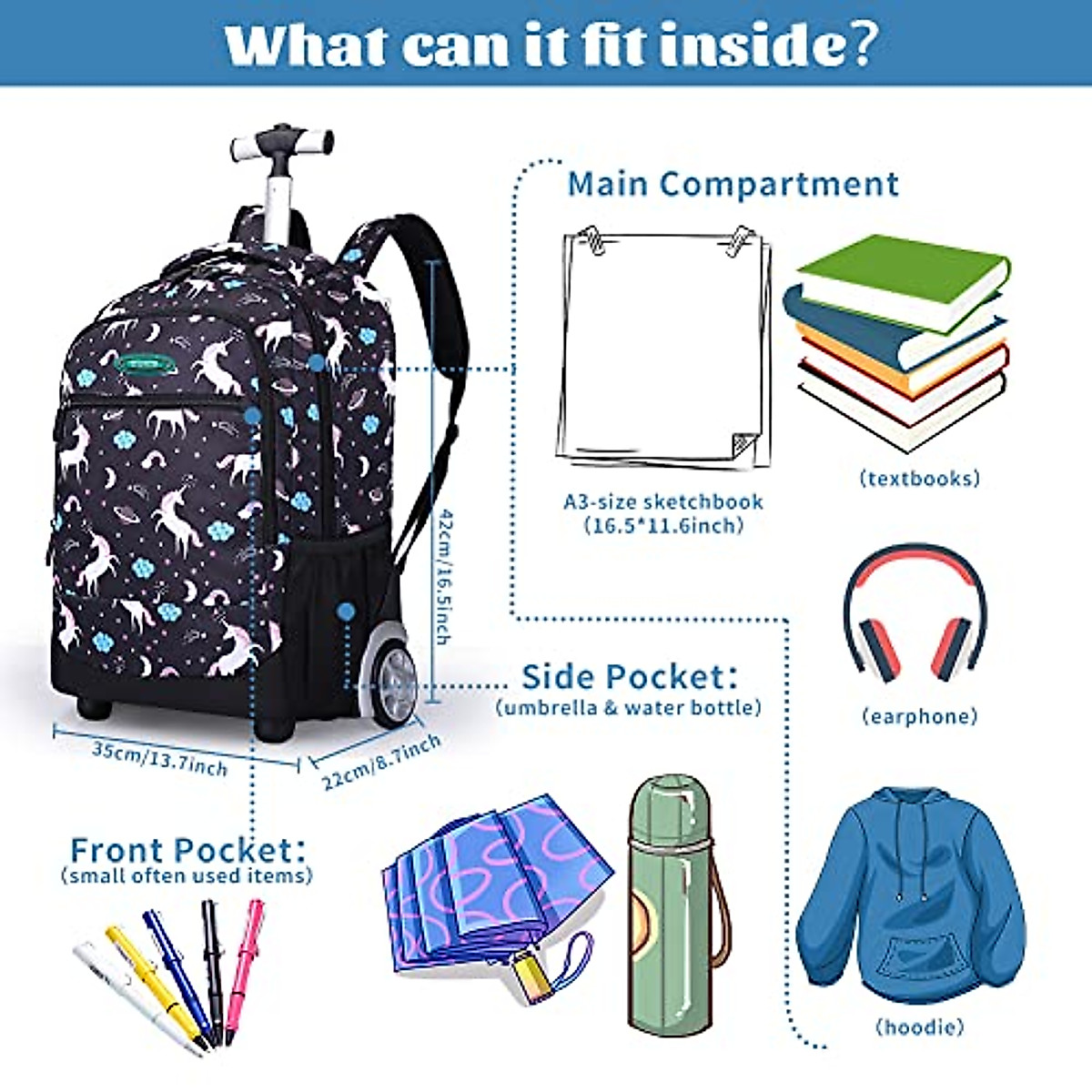 Tanou Rolling Backpack for Kids Adults, 18" Waterproof Backpack with Wheels for Girls Boys, Roller Bookbags for School Travel, Age 7+, Black Horse