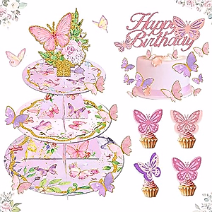 34 PCs Butterfly Cupcake Stand 3-Tier and Topper Set, Fiesec Floral Butterfly Birthday Party Decorations Baby Shower Supplies Cardboard Dessert Tower Holder Round Serving Stand 3D Butterfly for Girl