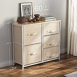 Pipishell Fabric Dresser, 5 Drawer Storage Chest Tower, Organizer Unit for Bedroom, Hallway, Entryway, Closets and Living Room -Sturdy Steel Frame, Wood Top, Easy Pull