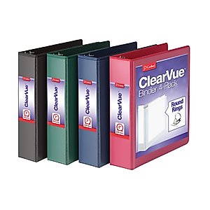 Cardinal 3 Ring Binders, Binders for School and Office, Durable 2 Inch Binder with Round Rings, Holds 475 Sheets, ClearVue Covers, Non-Stick, PVC-Free, Assorted Colors, 4 Pack (29310)