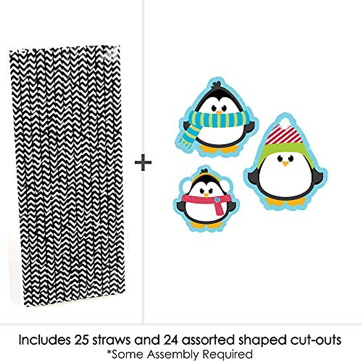 Holly Jolly Penguin Paper Straw Decor - Holiday & Christmas Striped Decorative Straws - Set of 24