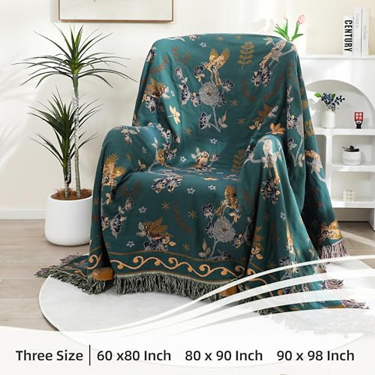 VANJOROY Boho 100% Cotton Large Throw Blanket - All Season Rustic Ultra Soft Breathable Floral Bird Blanket for Bed Sofa Couch Chair Bedspread Quilt Gift, 60" x 80"-Teal,Beige