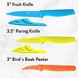 Gourmet Forged ColorSlice 3 PC Color-Coded Paring Knife Set. 5" Fruit Knife, 3.5" Paring, 3" Bird Beak Hook Peeler Curved Non Stick Dishwasher Safe Knives Sharp Stainless Steel Anti Rust