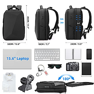 FENRUIEN Anti-Theft Hard Shell Backpack 15.6-Inch,Expandable Slim Business Travel Laptop Backpack for Men,Water-repellent Black Laptop Bag with USB Port