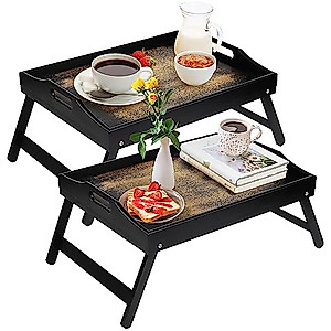 TURSTIN 2 Packs Bed Tray Bamboo Bed Trays Table with Folding Legs Breakfast in Bed Portable Food Serving Lap Tray with Handles for Eating Snack Laptop Working Bed Sofa Kitchen Bedroom, Black
