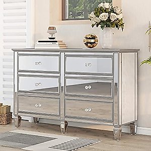 SOFTSEA Modern 6 Drawer Mirrored Dresser, Glass Dresser & Chest of Drawers for Bedroom, Silver Finished Storage Cabinet with Crystal Knobs, Easy Assembly