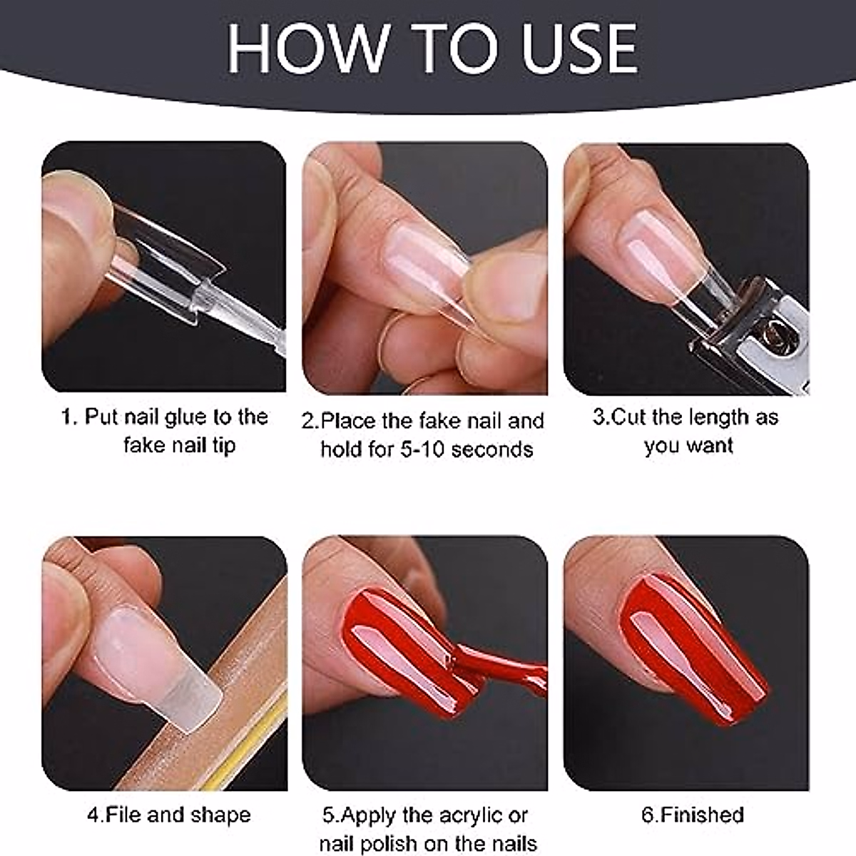 GoLashFun 500PCS French Nail Tips Half Cover,CLear Lady French Style Acrylic Half Square False Nail Art Tips 10 Sizes Artificial Fake Nails for Nail Manicure Salon