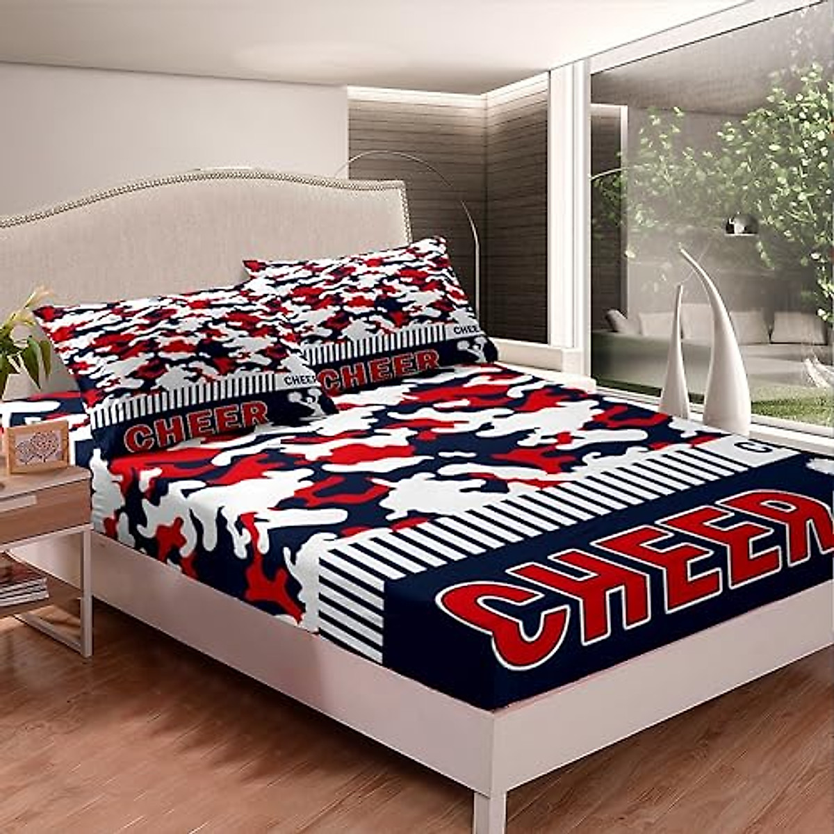 Dreamy Girly Cheerleading Bed Sheet Set 3 Pieces,Gymnastics Dance Microfiber Bedding Set with Flat,Red Camo Geometry Fitted Sheet,2 Pillow Cases,Full Size